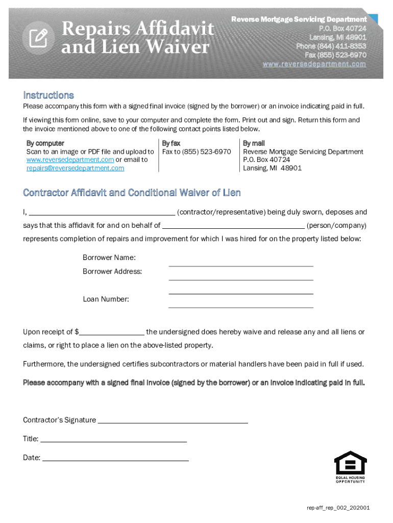 Fillable Online Repairs Affidavit and Lien Waiver Form - Reverse ...