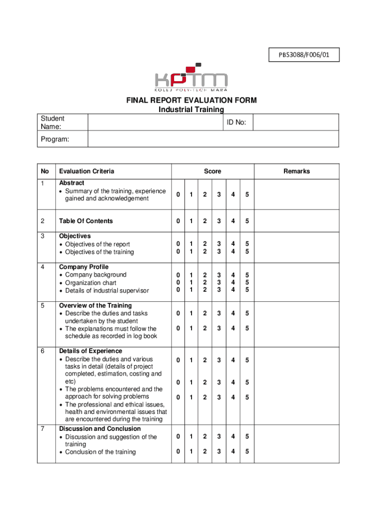 Fillable Online FINAL REPORT EVALUATION FORM Industrial Training Fax ...