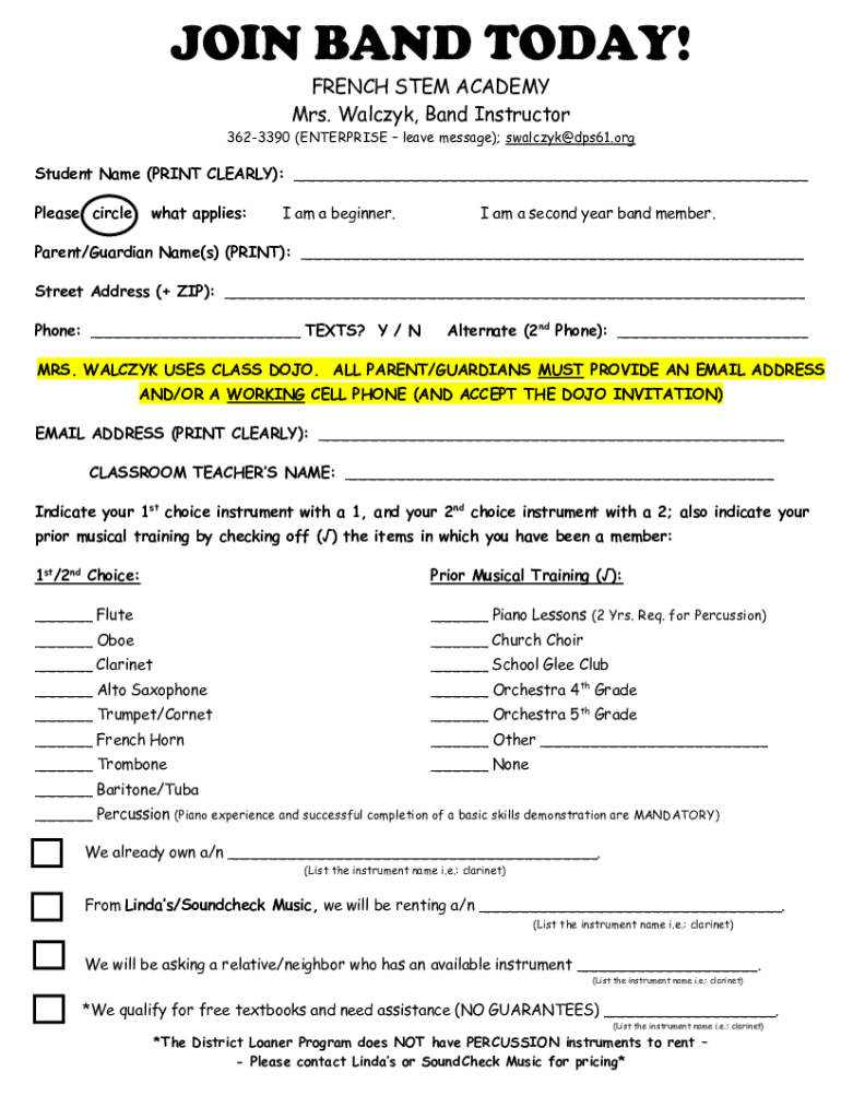 Fillable Online JOIN BAND TODAY Fax Email Print - pdfFiller