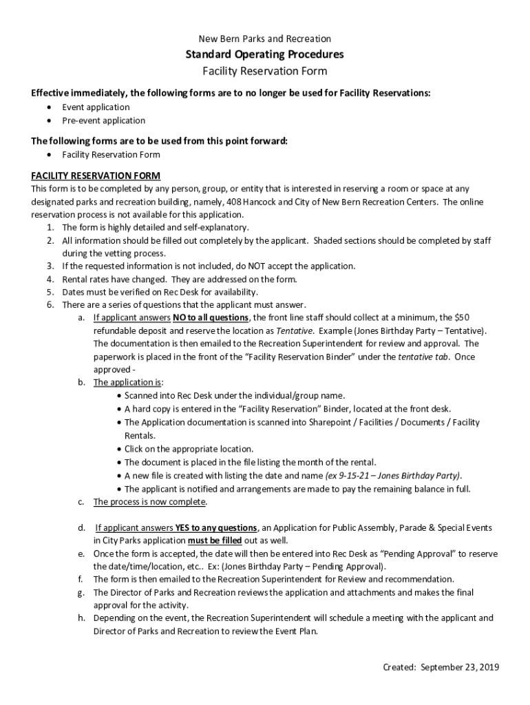 Fillable Online Standard Operating Procedures Facility Reservation Form ...