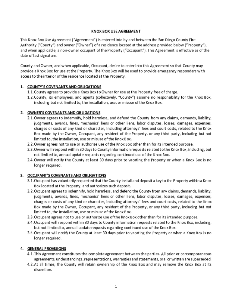 Fillable Online 1 KNOX BOX USE AGREEMENT This Knox Box Use Agreement ...