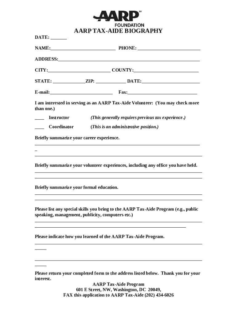 AARP TAX-AIDE BIOGRAPHY - assets aarp Doc Template | pdfFiller
