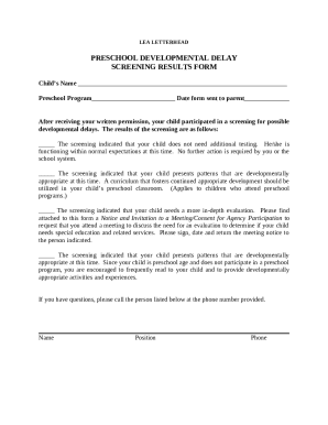 Screening s-3 Preschool Developmental Delay Screening Results Doc Template | pdfFiller