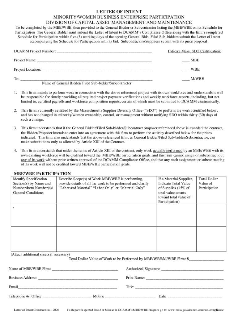 Fillable Online LETTER OF INTENT MINORITY/WOMEN BUSINESS ENTERPRISE ... Fax Email Print - pdfFiller