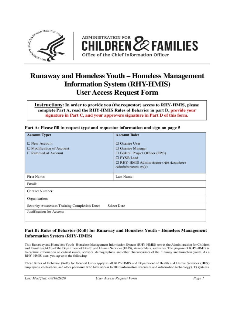 Fillable Online RHY-HMIS User Access Request Form - 08182020 Fax Email Print - pdfFiller