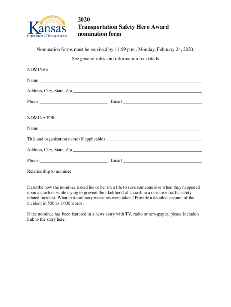 Fillable Online Transportation Safety Hero Award Fax Email Print ...