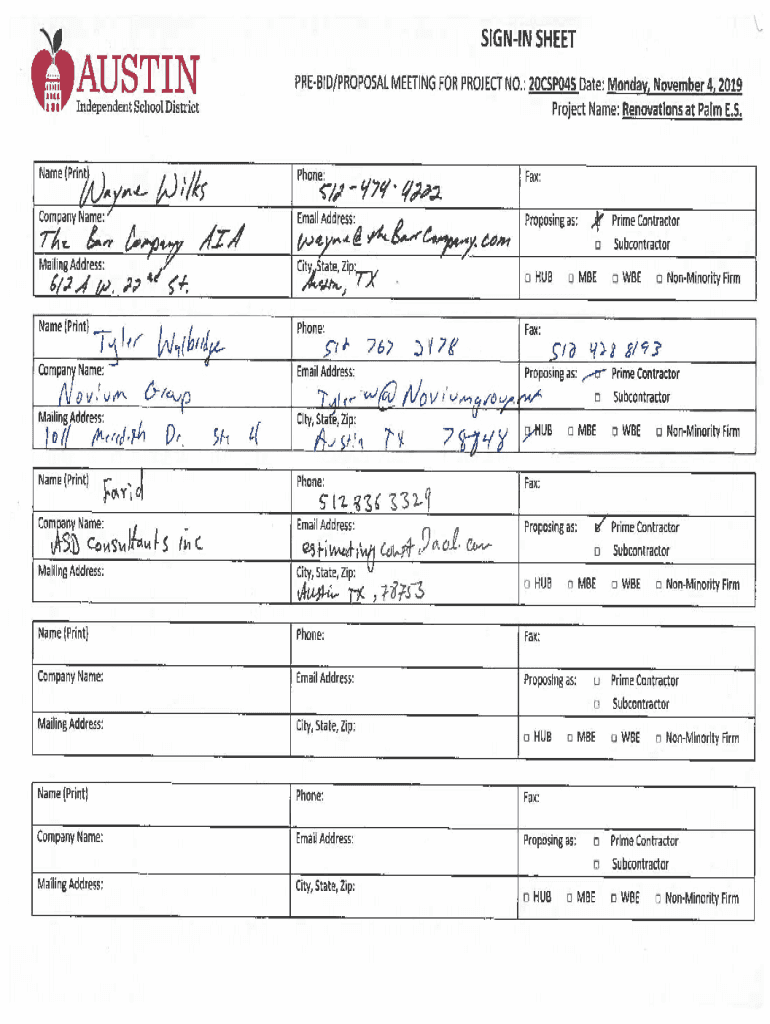 Fillable Online 20CSP045 Pre-bid sign in sheet Fax Email Print - pdfFiller