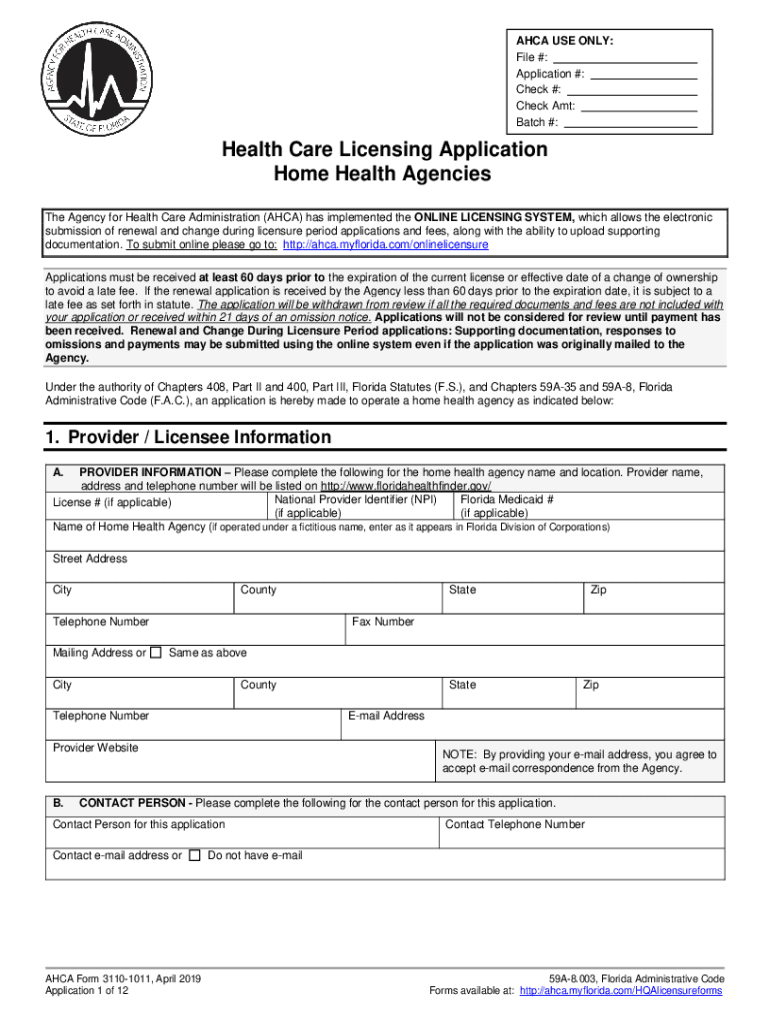 Fillable Online Health Care Licensing Application Home Health Agencies ...