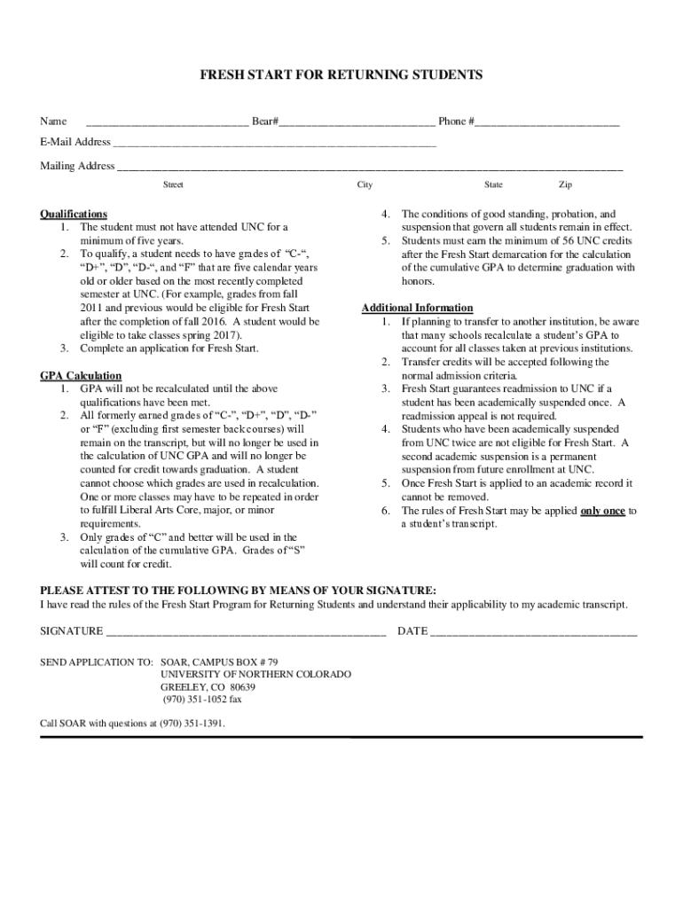 Fillable Online Fresh Start for Returning Students Application ...