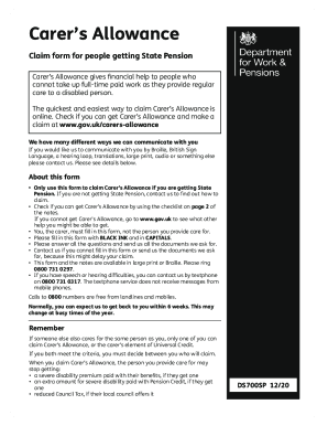 Fillable Online dwp gov Carer's Allowance claim form and notes for ...