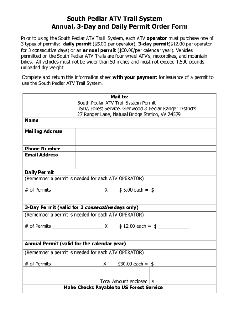 Fillable Online South Pedlar ATV Trail System Annual, 3-Day and Daily ...
