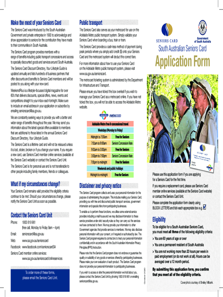 Fillable Online SA Seniors Card application form Oct 2020. Application ...