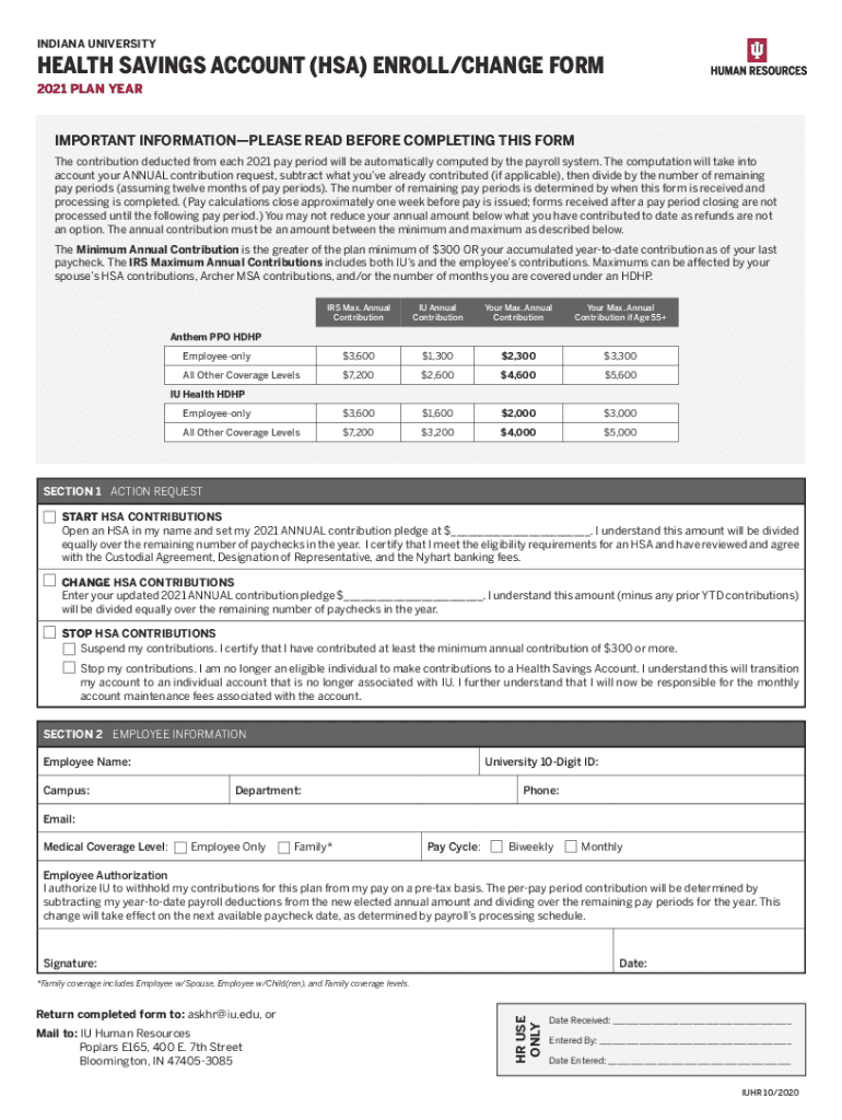 Fillable Online hr iu 2021 HSA Enrollment/Change Form Fax Email Print ...