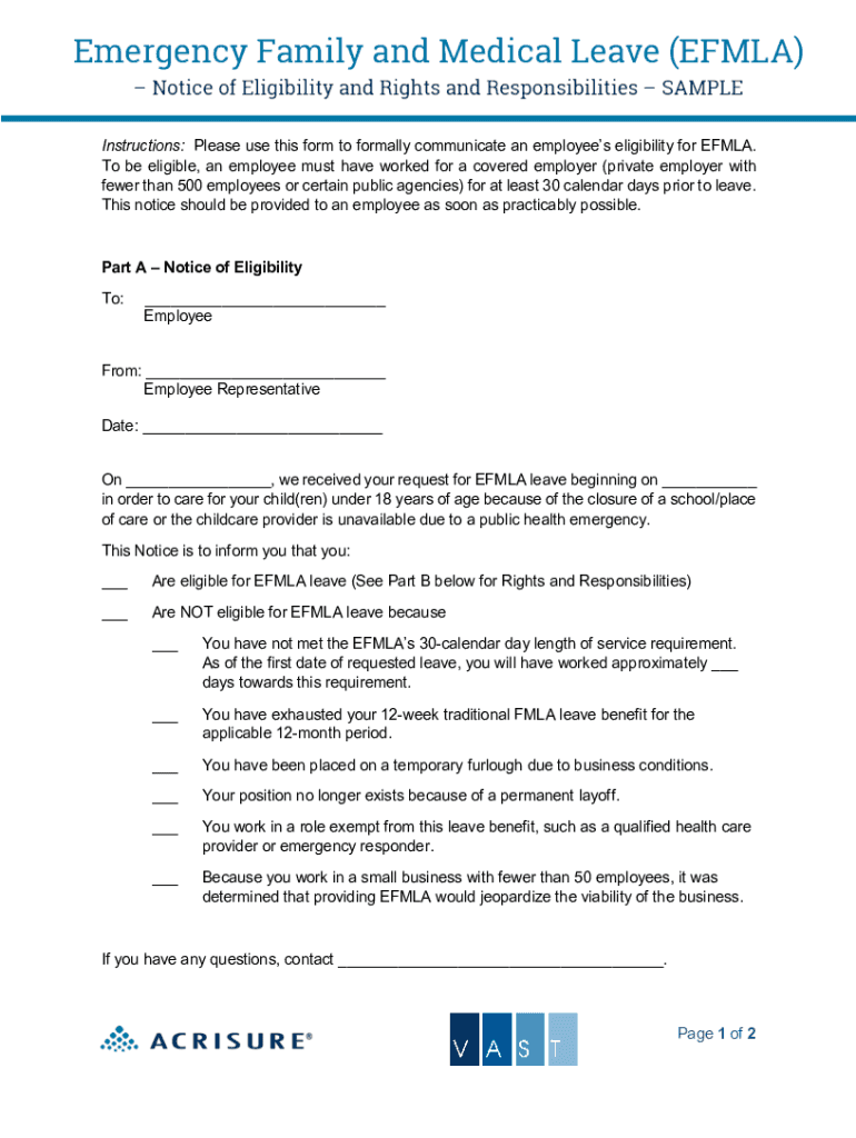 Fillable Online Emergency FMLA - Notice of Eligibility and Rights and ...