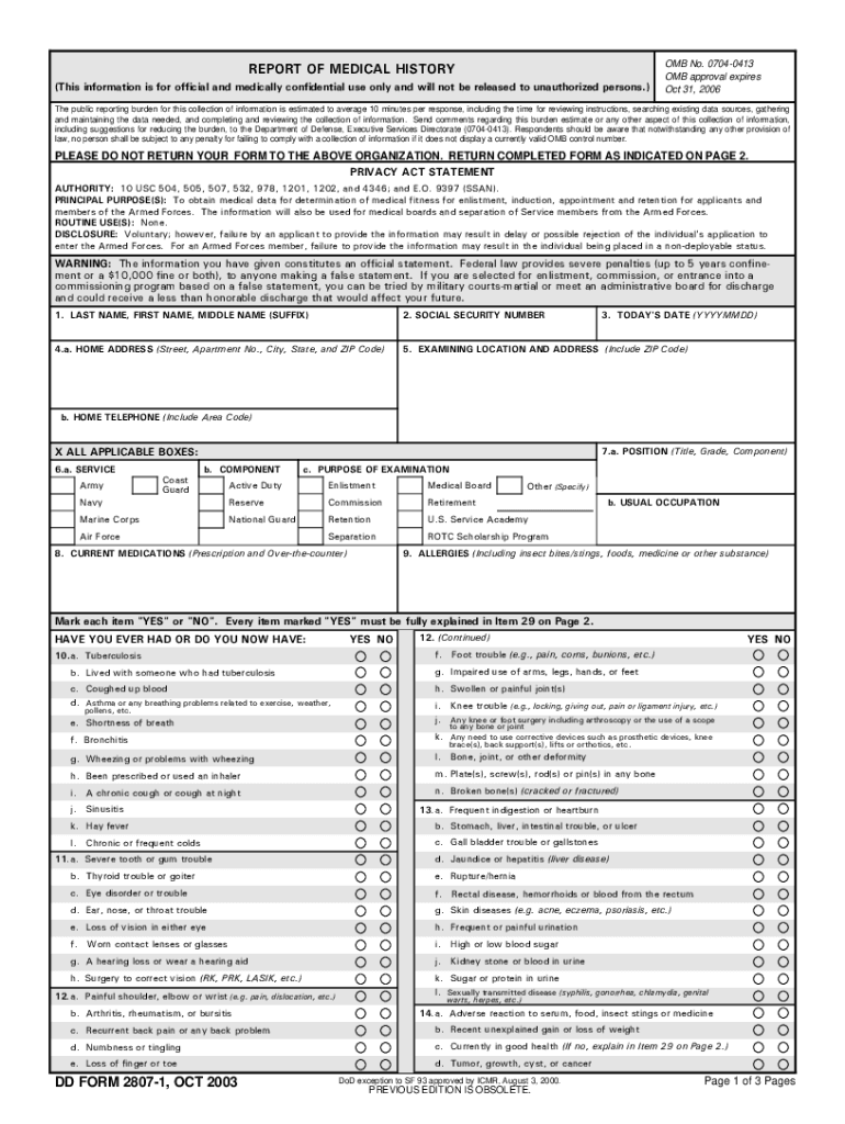 Fillable Online REPORT OF MEDICAL HISTORY OMB No. 0704-0413 OMB ...