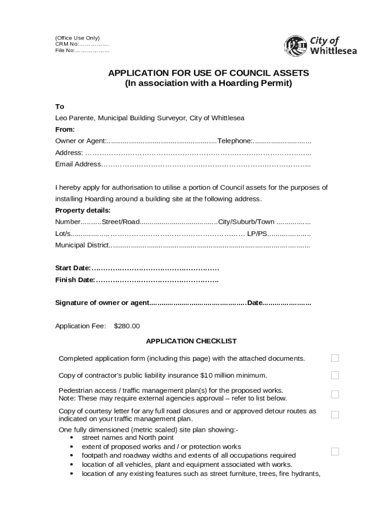 APPLICATION FOR USE OF COUNCIL ASSETS Doc Template | pdfFiller
