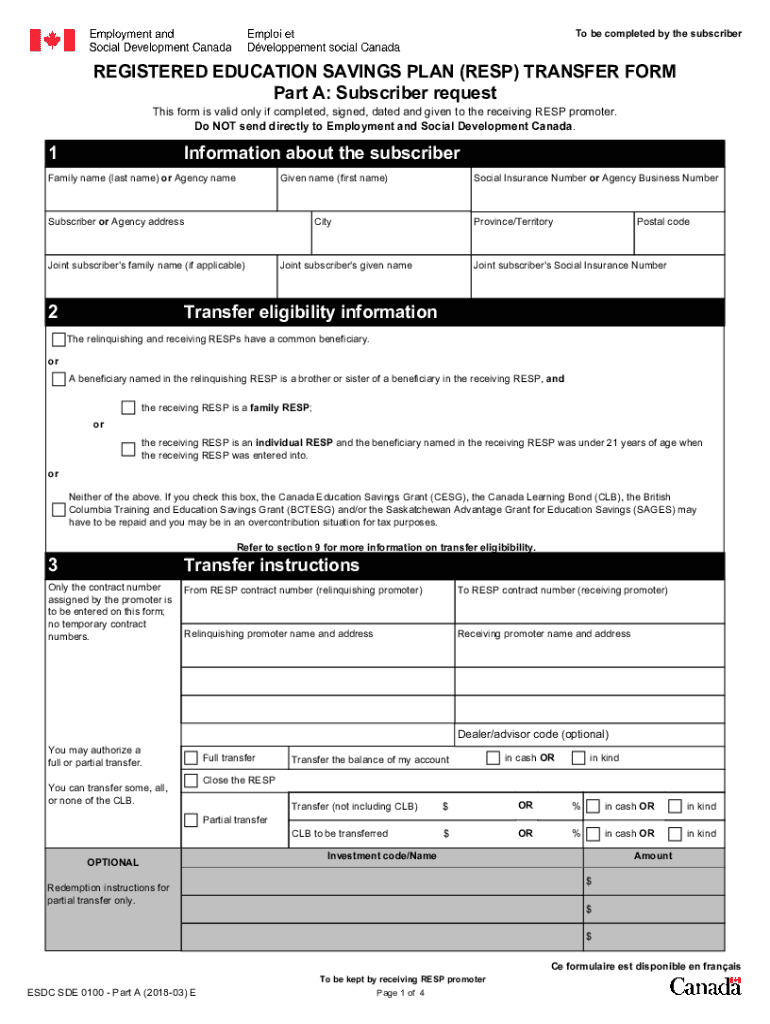 Fillable Online Registered Education Savings Plan (RESP) Transfer Form ...