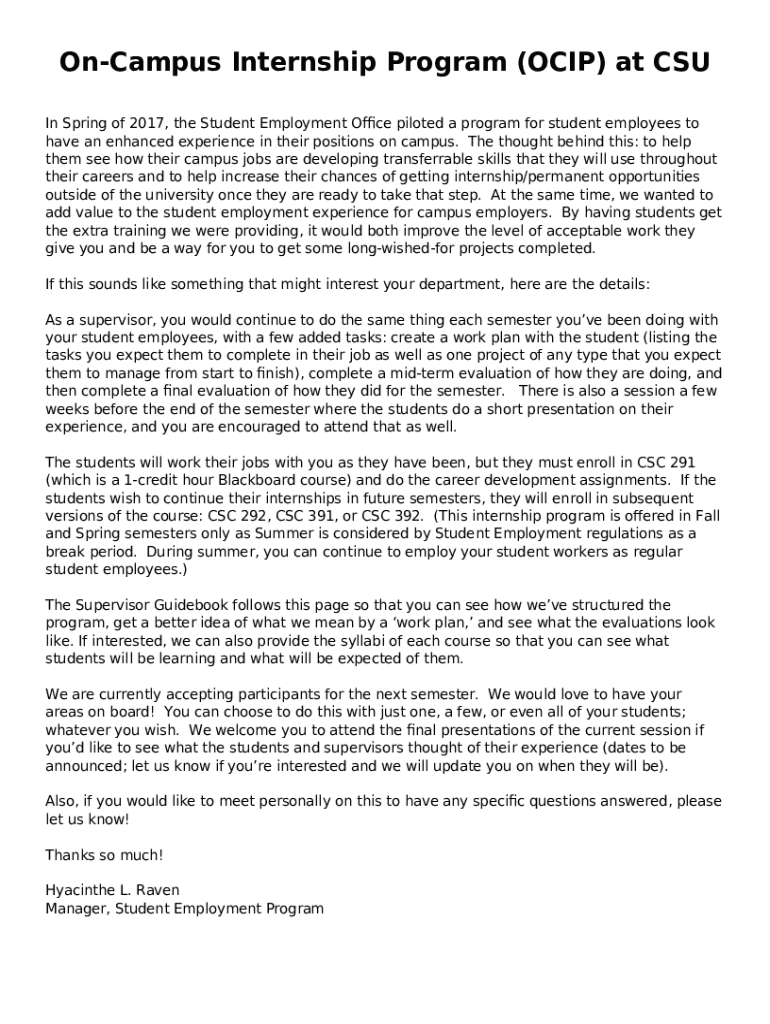 On-Campus Internship Program (OCIP) at CSU Doc Template | pdfFiller