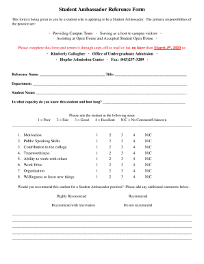 Fillable Online Student Ambassador Reference Form - New Paltz Fax Email ...
