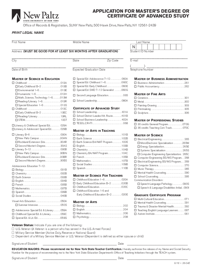 Fillable Online APPLICATION FOR MASTERS DEGREE OR CERTIFICATE OF ...