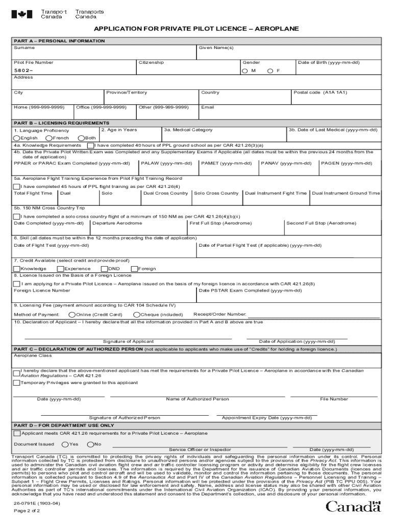 Fillable Online APPLICATION FOR PRIVATE PILOT LICENCEAEROPLANE ...