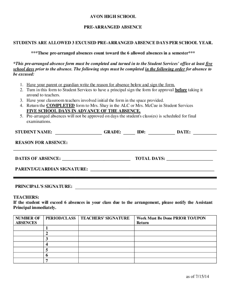 Fillable Online AVON HIGH SCHOOL PRE-ARRANGED ABSENCE STUDENTS ARE ...