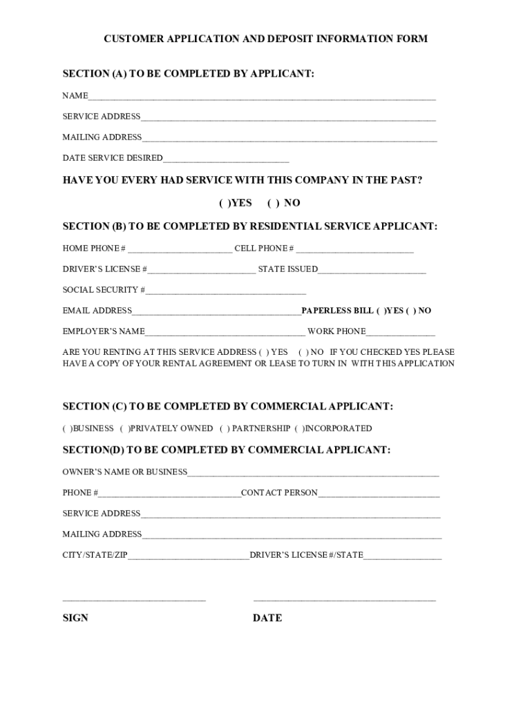 Fillable Online CUSTOMER APPLICATION AND DEPOSIT INFORMATION FORM Fax ...