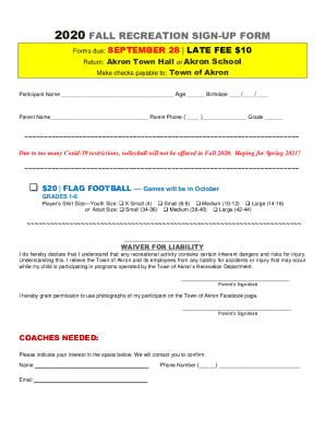 Fillable Online 2020 FALL RECREATION SIGN-UP FORM Fax Email Print ...