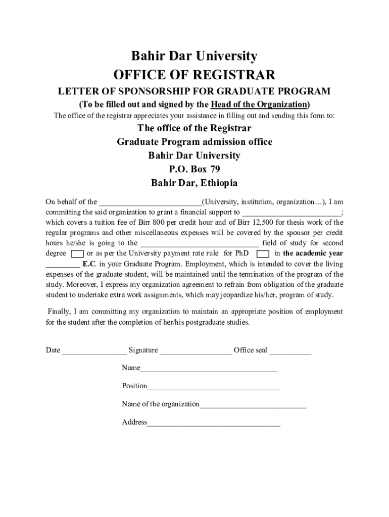 Bahir Dar University Sponsorship Letter Pdf - Fill Online, Printable ...