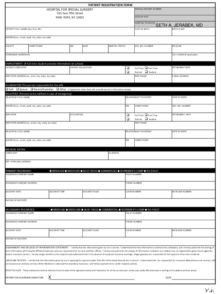 Fillable Online PATIENT REGISTRATION FORM HOSPITAL FOR ... - HSS Fax ...