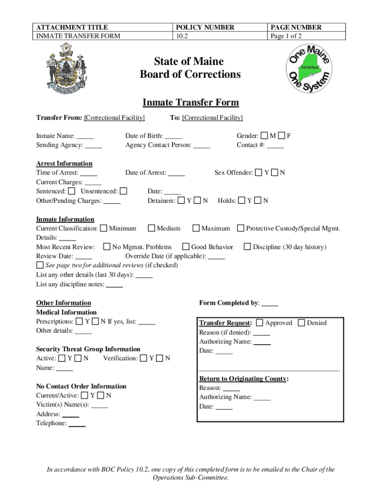 Fillable Online DRAFT 10.2 Attachment #1 Inmate Transfer Form Fax Email ...