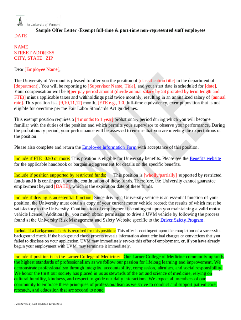 Sample EXEMPT, Career & Limited Offer Letter Doc Template | pdfFiller