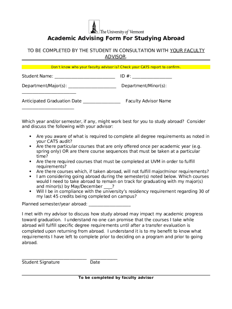 CAS Academic Advising Plan - University of Vermont Doc Template | pdfFiller
