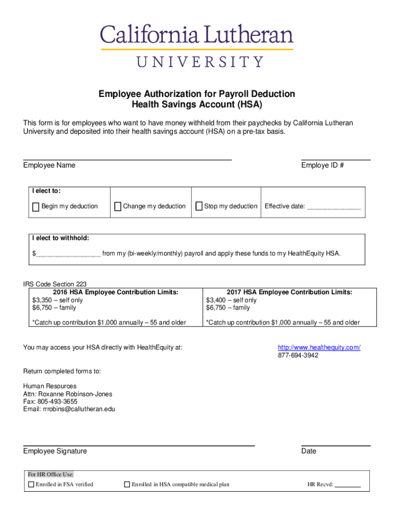 Fillable Online 2019 Employee Authorization for Payroll Deduction to HSA Form Fax Email Print ...