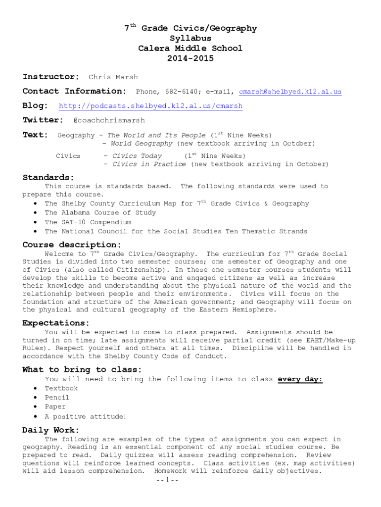Fillable Online 7th Grade Civics/Geography Fax Email Print - pdfFiller