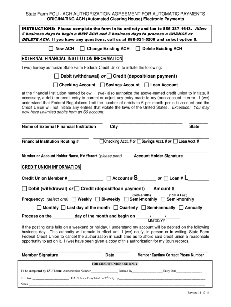 Fillable Online State Farm FCU - ACH AUTHORIZATION AGREEMENT FOR ...