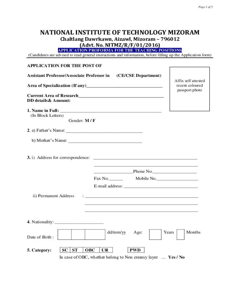 Fillable Online nitmz ac National Institute of Technology NIT In ...