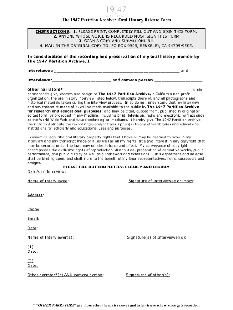 Fillable Online The 1947 Partition Archive: Oral History Release Form ...