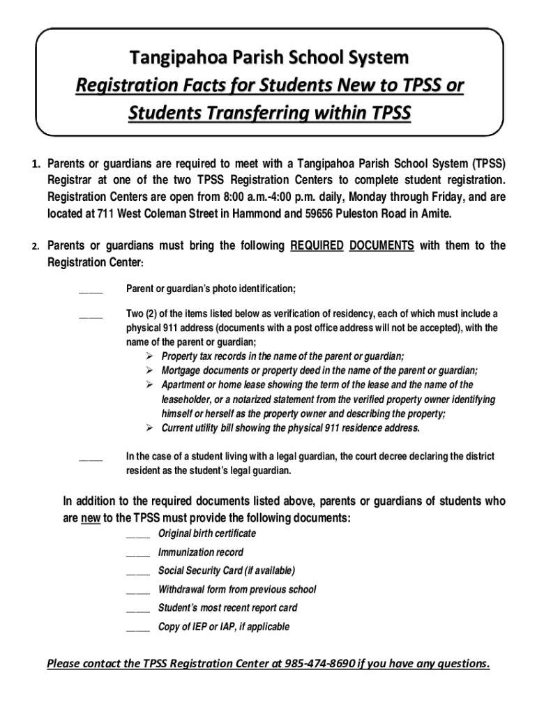 Fillable Online Registration Facts for Students New to TPSS or Fax Email Print - pdfFiller