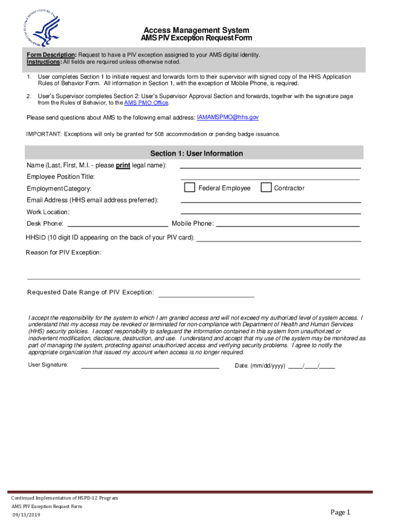 Fillable Online ams hhs Access Management System AMS PIV Exception ...