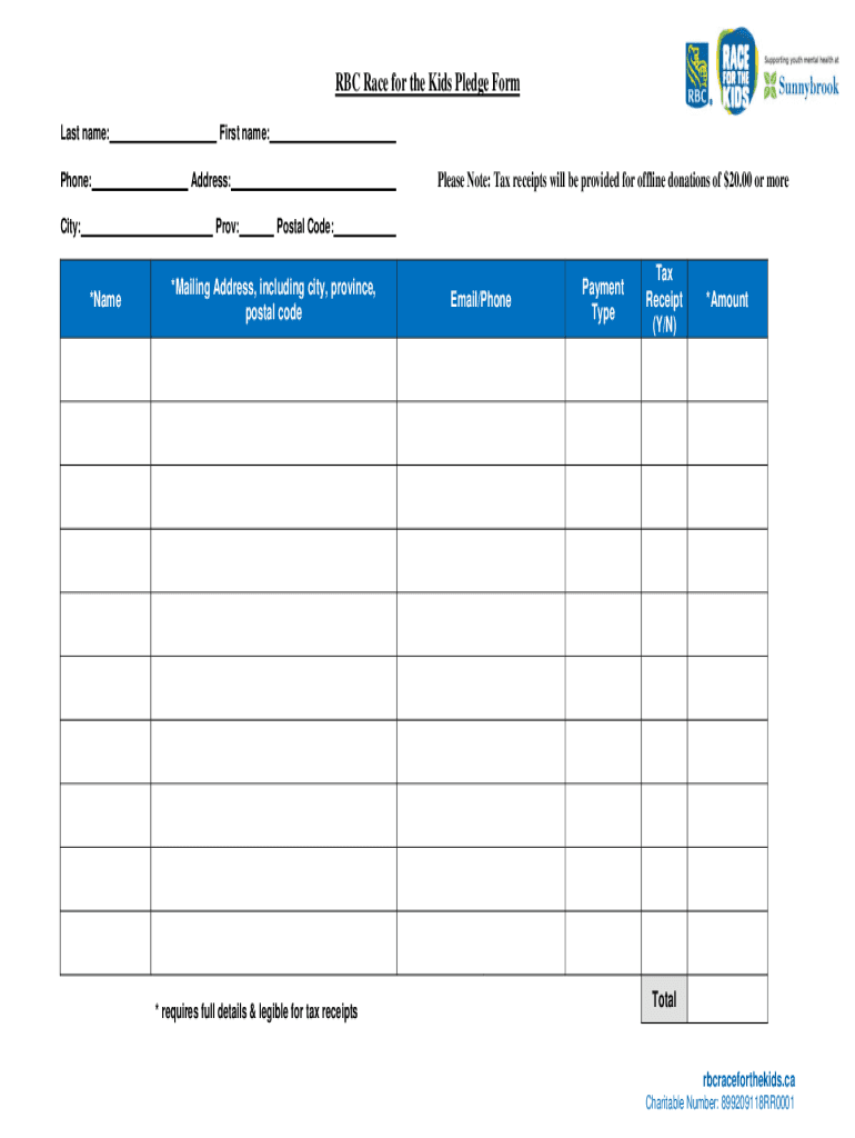 Fillable Online support rbcraceforthekids RBC Race for the Kids Pledge ...