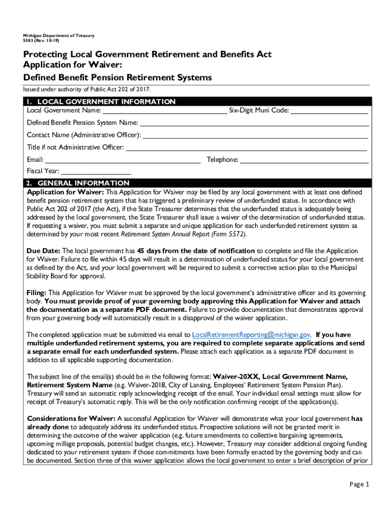 Fillable Online Application for Waiver of Plan Defined Benefit Pension ...