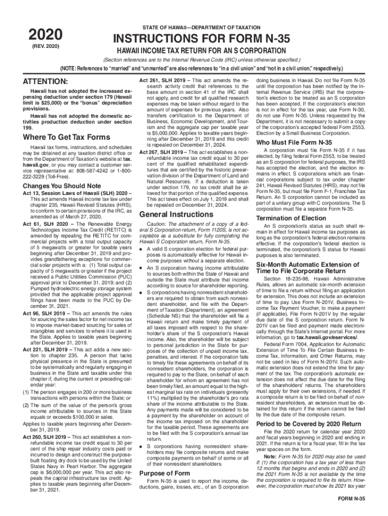 Fillable Online Instructions for Form N-35, Rev. 2020, S Corporation ...
