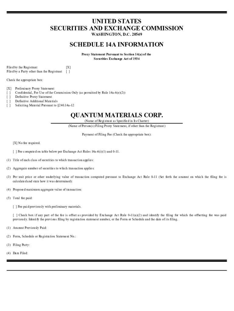 Fillable Online QUANTUM MATERIALS CORP.. FORM PRER14A (Proxy Soliciting Materials (revised ...