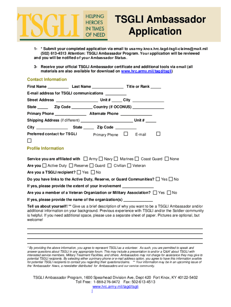 Fillable Online TSGLI Ambassador Application Fax Email Print - pdfFiller