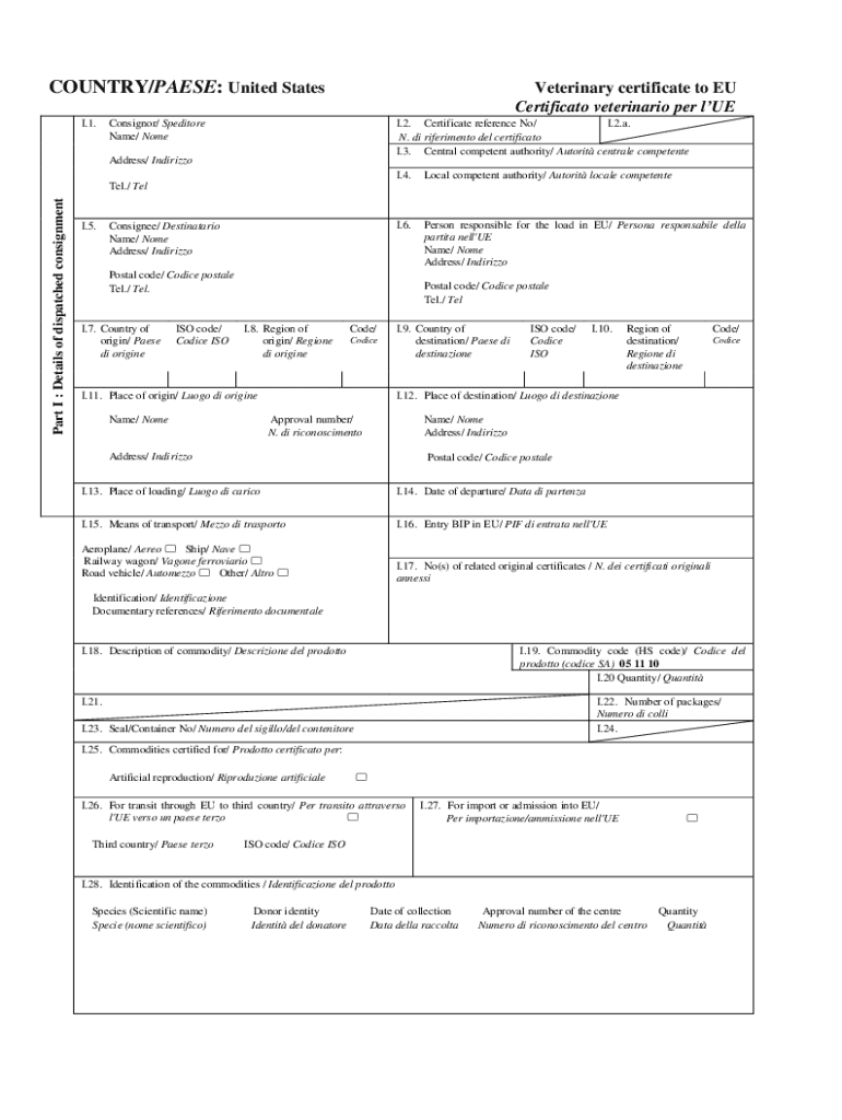 Fillable Online United States Veterinary certificate to EU Certificato ...