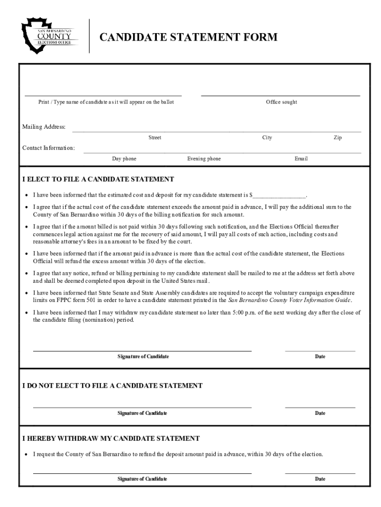 Fillable Online CANDIDATE STATEMENT AGREEMENT AND ACKNOWLEDGMENT Fax ...