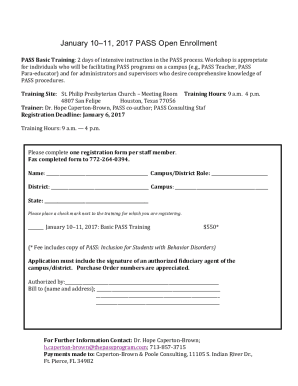 Fillable Online January 2017 PASS Training Registration Form Fax Email ...