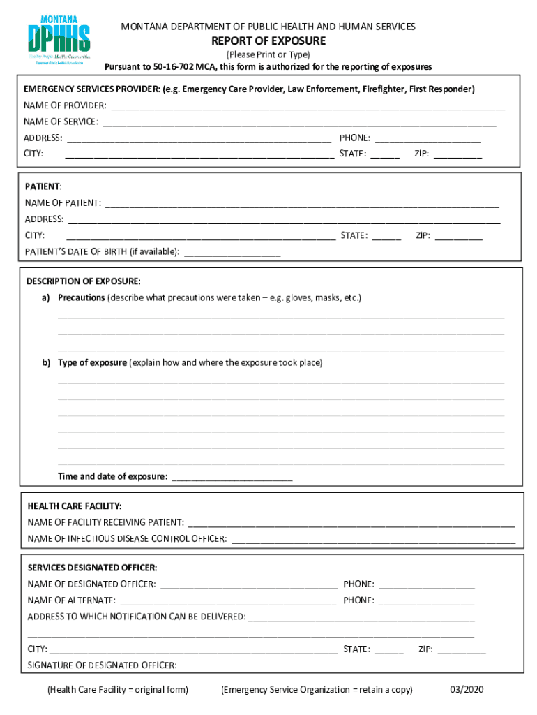 Fillable Online dphhs mt Report of exposure form. Report of exposure ...