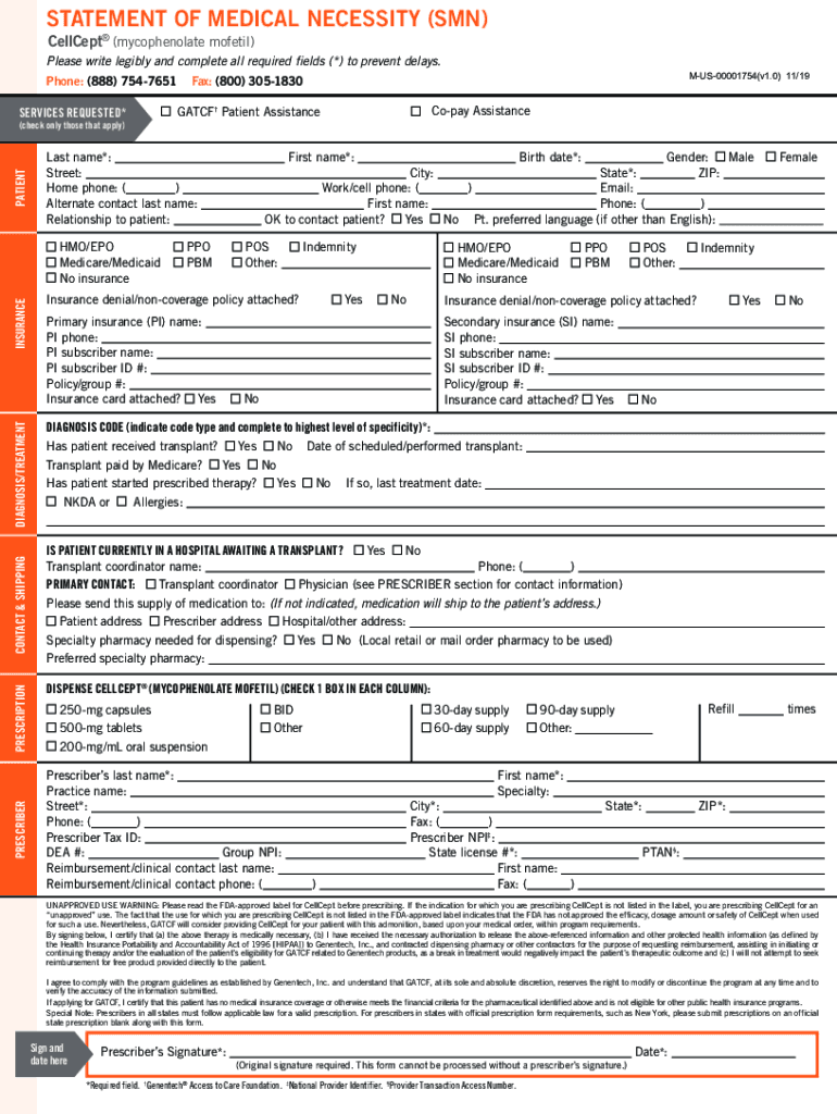 Fillable Online ( mofetil) Statement of Medical Necessity (SMN) Fax ...